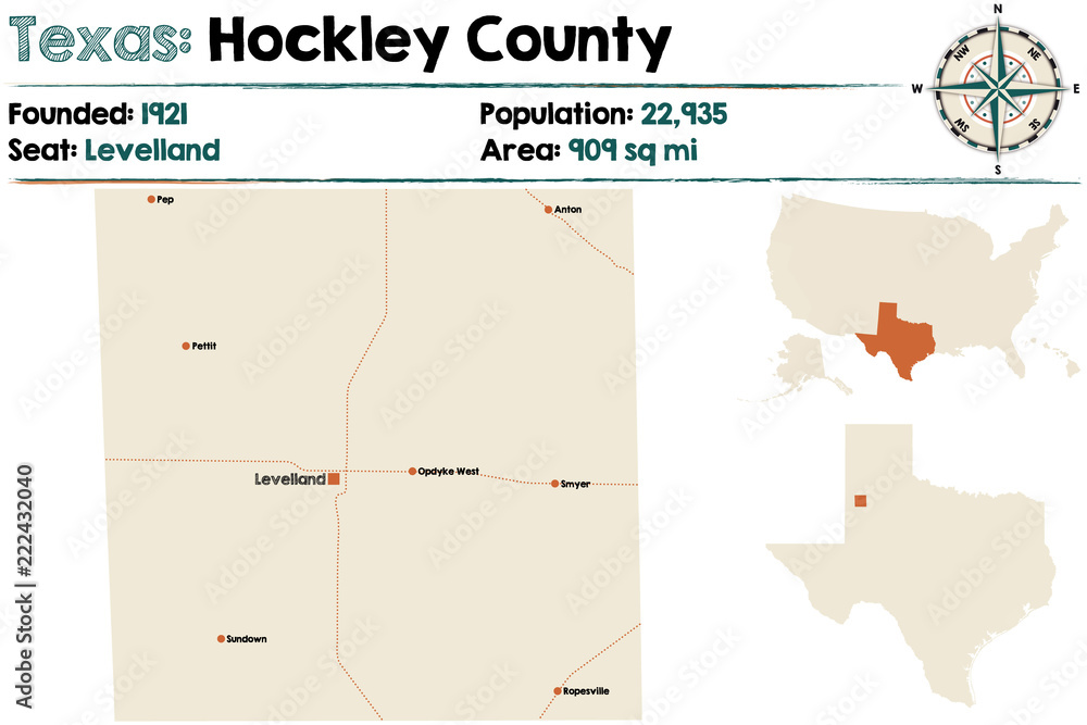Detailed map of Hockley county in Texas, USA. Stock Vector | Adobe Stock