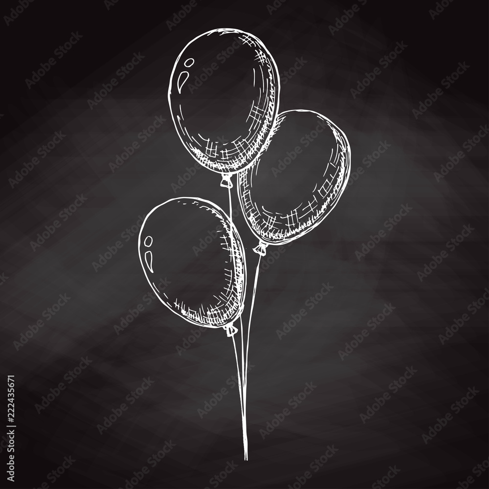 Group of balloons on a string. Hand drawn chalk on the board. Vector ...