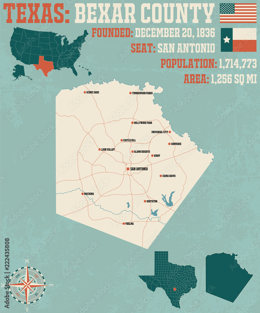 Detailed map of Bexar county in Texas, USA Stock Vector | Adobe Stock