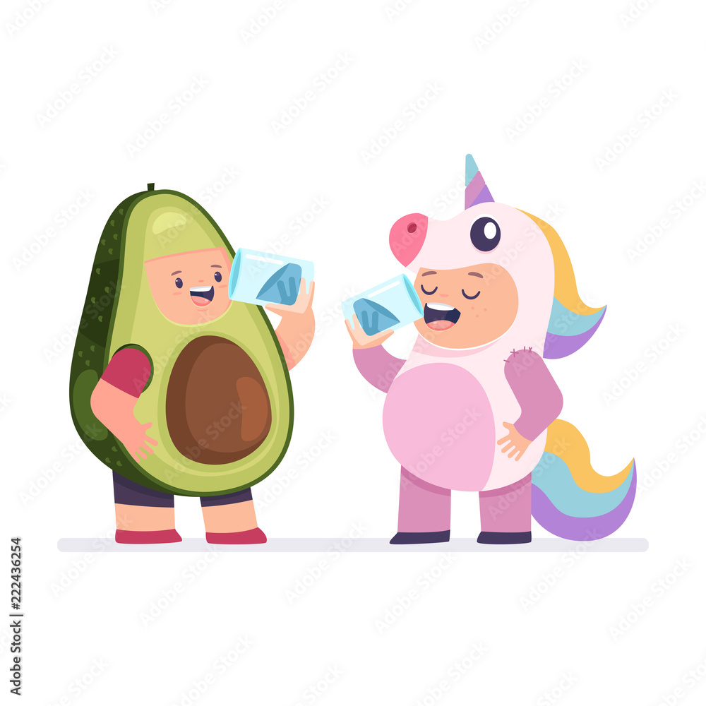 Girl in a unicorn costume and a boy in avocado clothes quench thirst ...