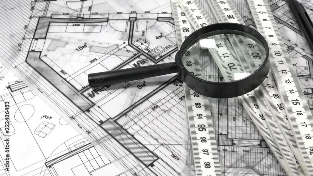 Blueprints - rolls of architectural drawings, yardstick - folding ruler ...