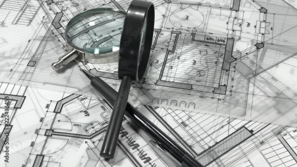 Blueprints - rolls of architectural drawings, yardstick - folding ruler ...
