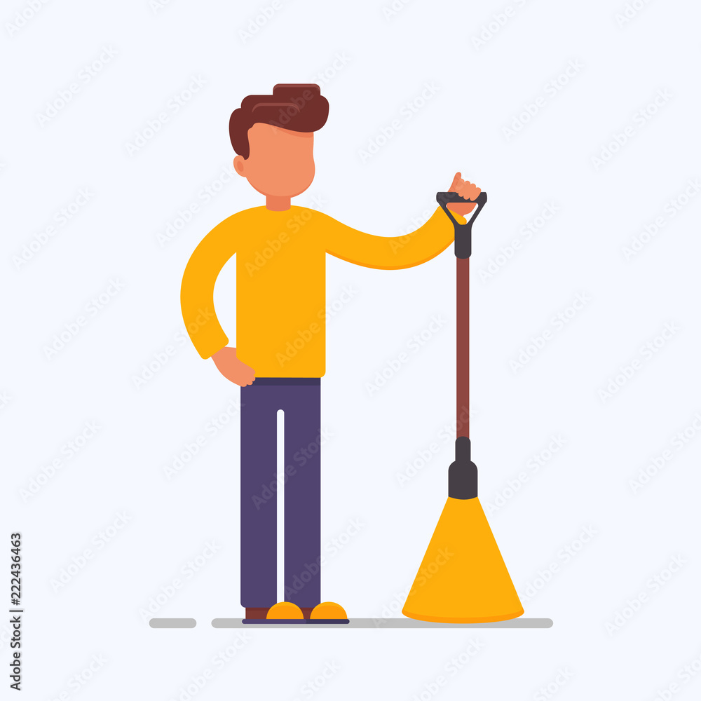 Cartoon Male vector character with a broom. Cleaner boy is holding a ...
