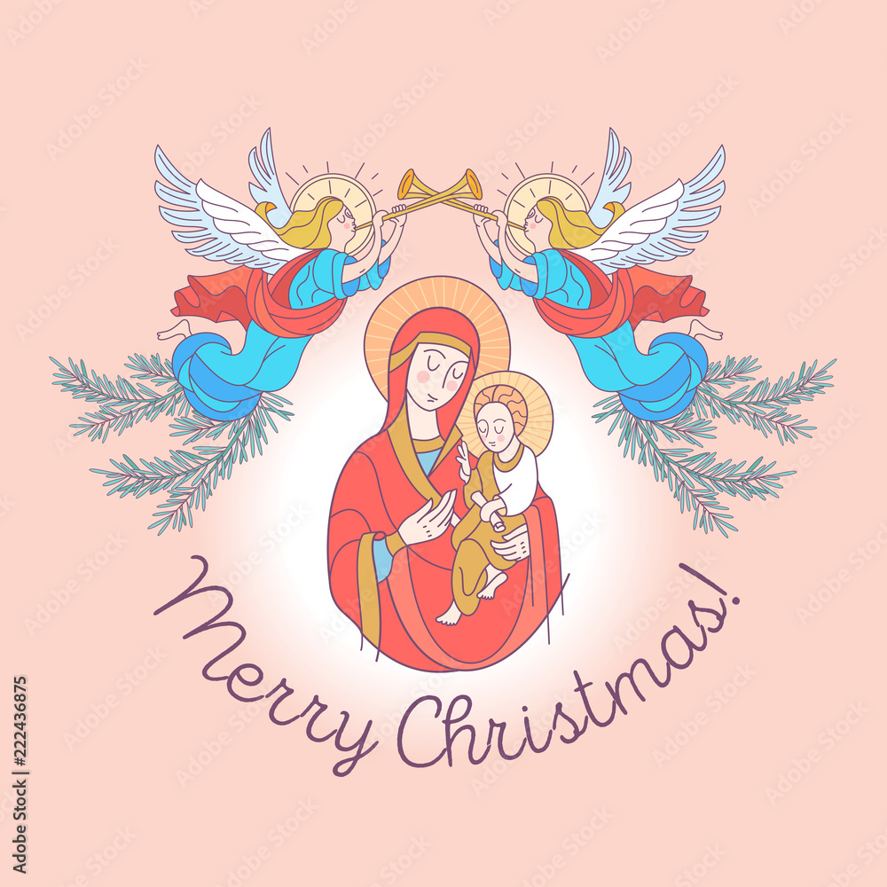 Merry Christmas. Vector greeting card. The virgin Mary and the baby ...