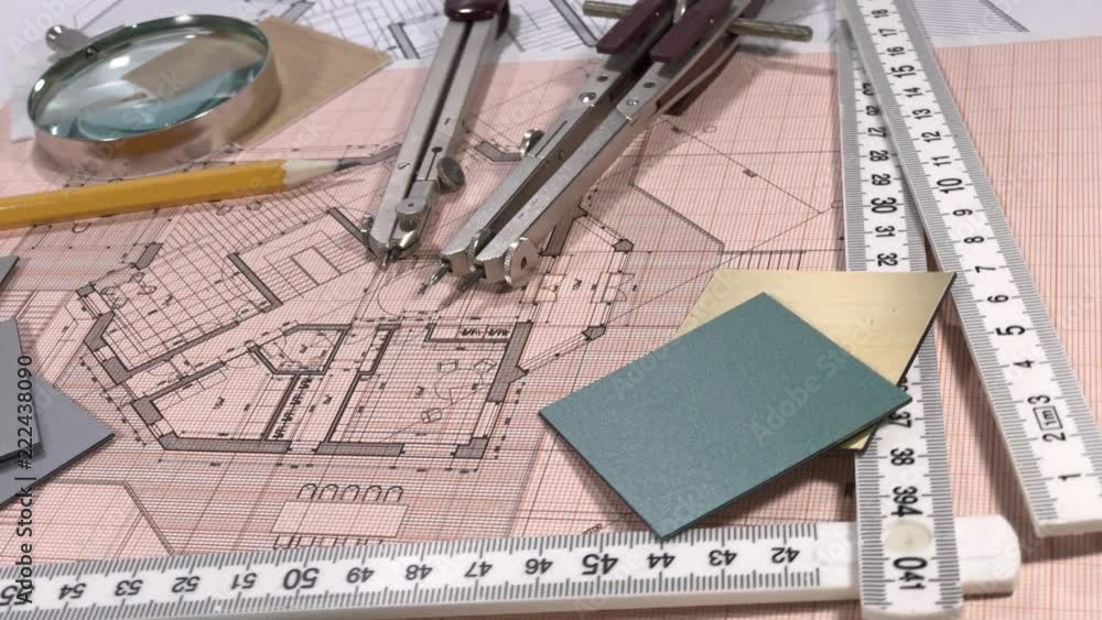 Blueprints: architectural drawings, yardstick - folding ruler & samples ...