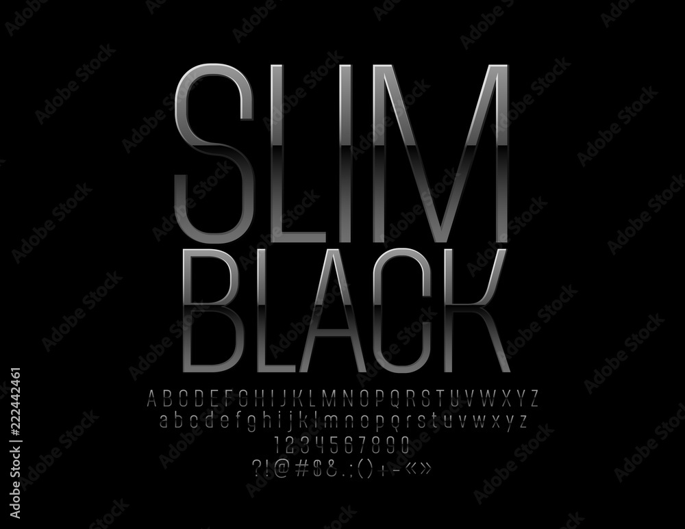 Vector Slim Black Font. Luxury Glossy Alphabet Letters, Numbers and ...