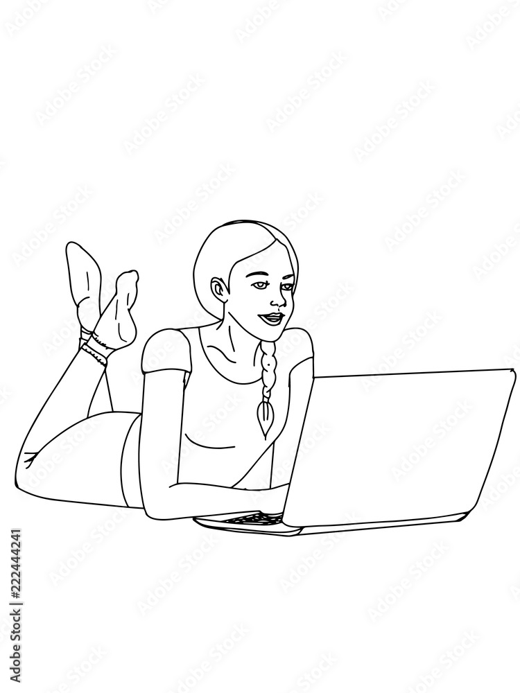 young girl searching with laptop line drawing Stock Illustration ...