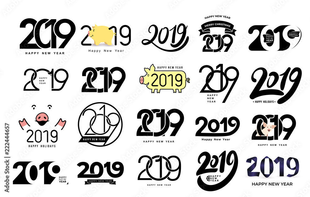 Big Set of 2019 text design pattern. Collection of Happy New Year and ...