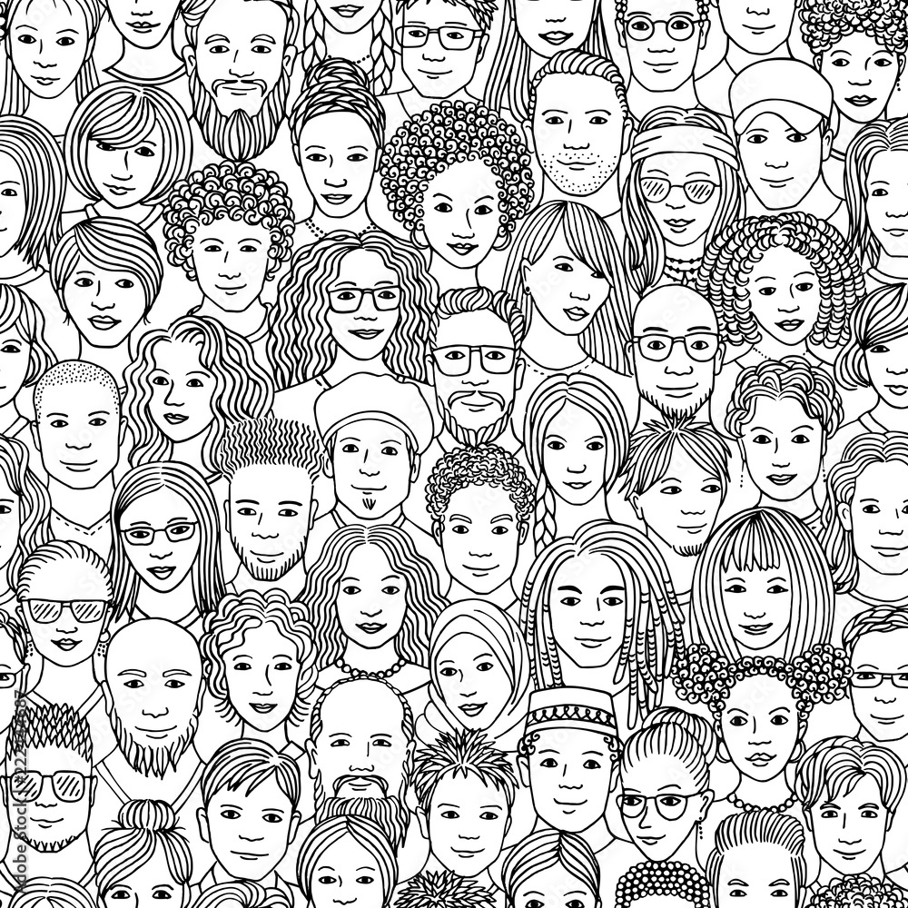 Diverse crowd of people - seamless pattern of hand drawn faces of ...