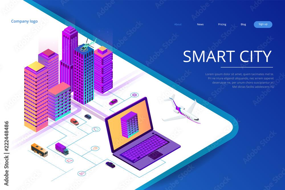 Isometric Modern city. Concept website template. Smart city with smart ...