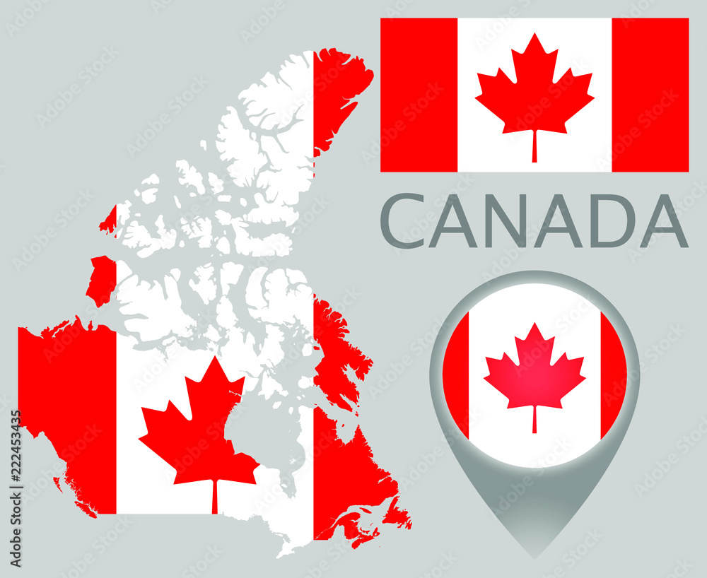 Colorful flag, map pointer and map of the Canada in the colors of the ...