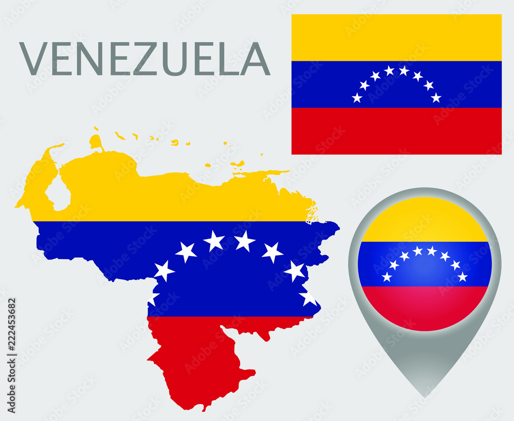 Colorful flag, map pointer and map of the Venezuela in the colors of ...