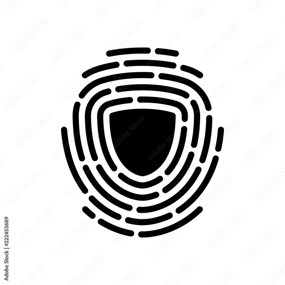 Shield in fingerprint. Logo of protect private id. Security icon. Black ...