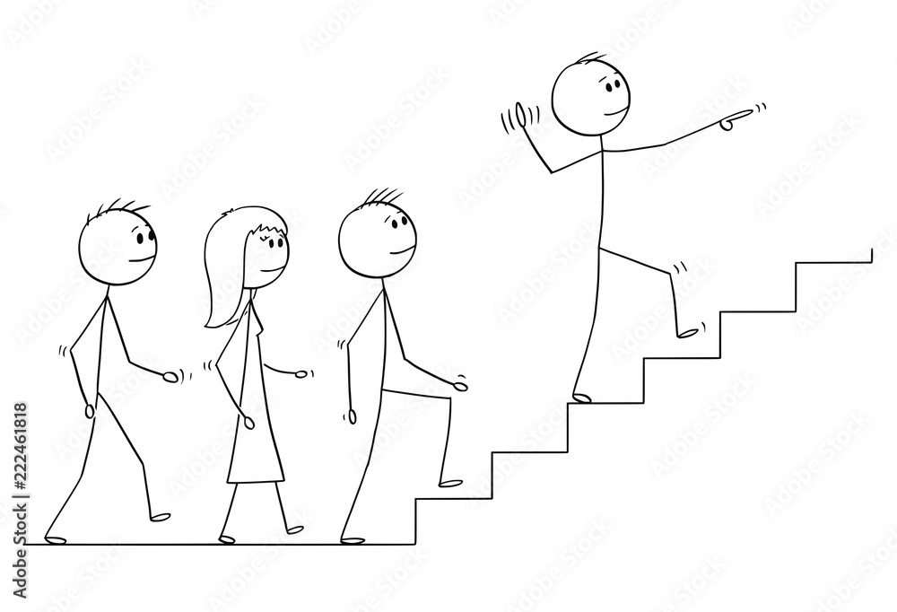 Cartoon stick drawing conceptual illustration of leader leading a team ... Cartoon stick drawing conceptual illustration of leader leading a team ...