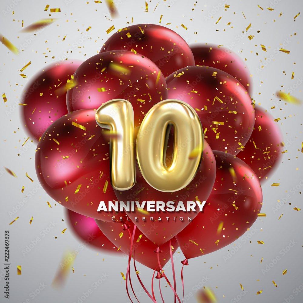 10 Anniversary celebration. Golden numbers with sparkling confetti and ...