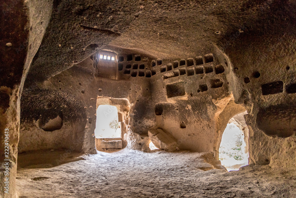 Church interior with altar and painted decorations on the wall of ...