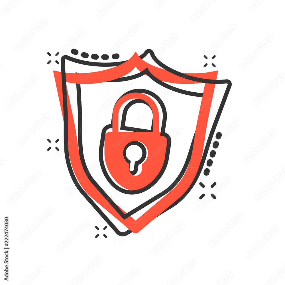 Vector cartoon lock with shield security icon in comic style. Padlock ...