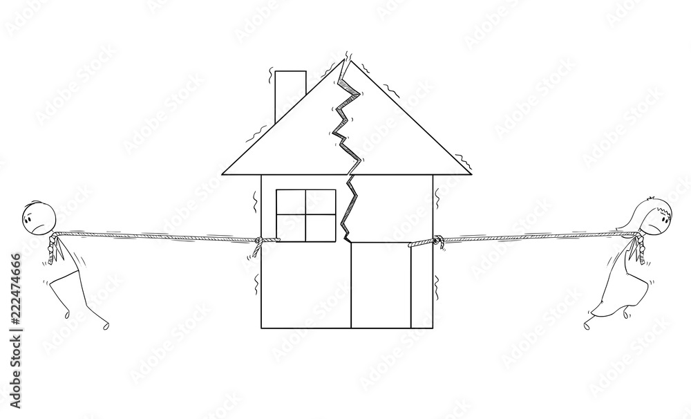 Cartoon stick drawing conceptual illustration of broken couple after ...