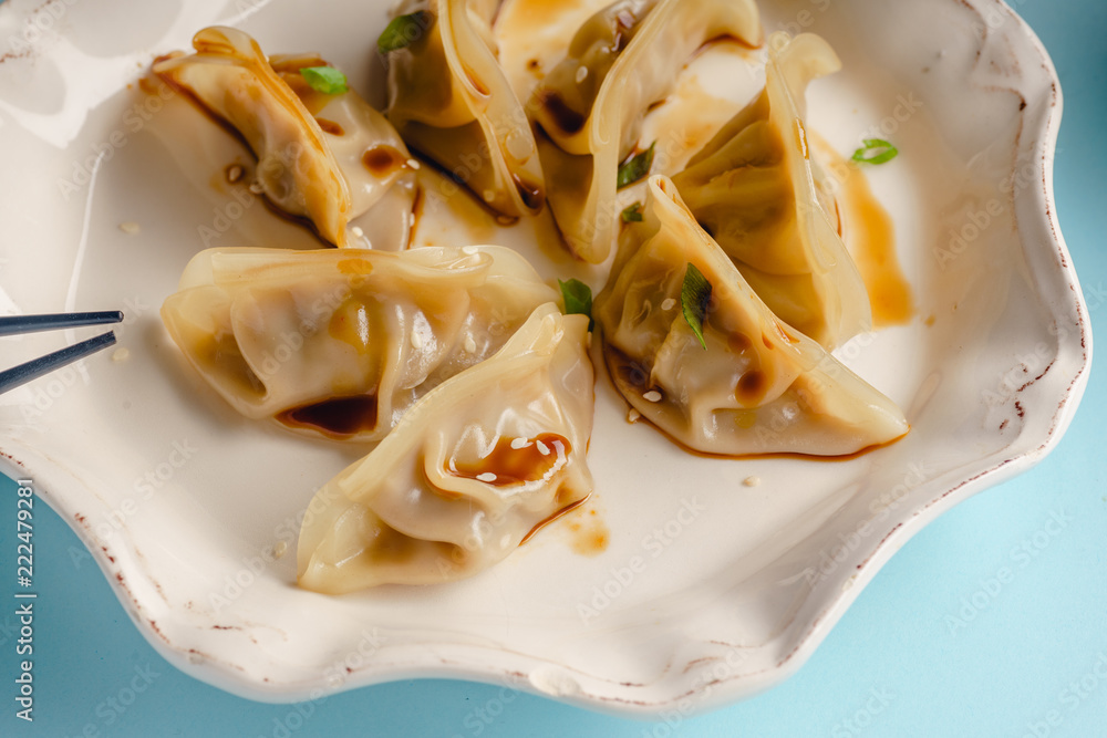 Gyoza dumplings with duck cooked in bamboo steamer served on a plate ...