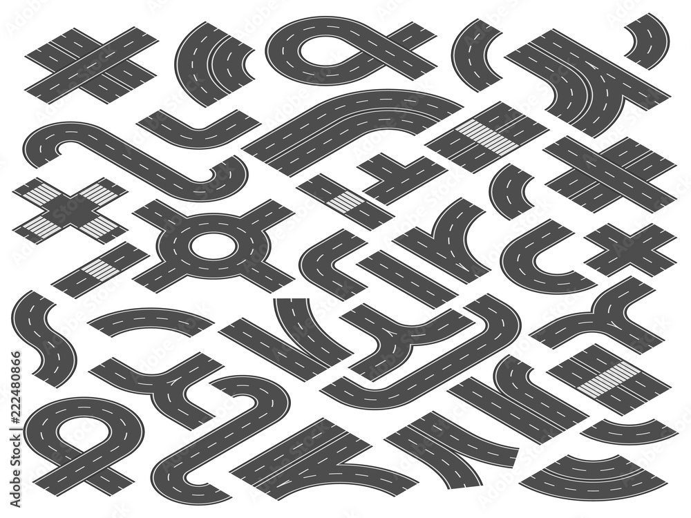 Isometric road or highway. Straight, curved and crossing city street ...
