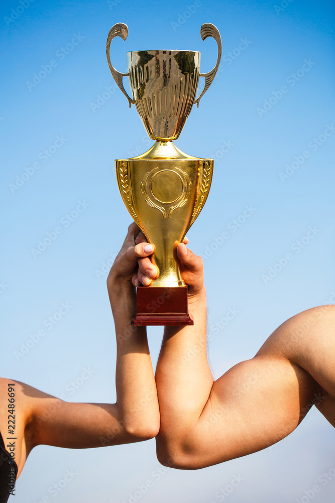 Winners team, award. Hand of the person with a sports trophy. Winner ...