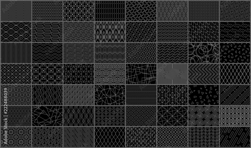 Mega collection of Geometric seamless linear pattern. Isolated on Black ...
