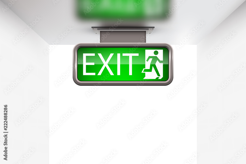 Emergency exit sign on abstract background, realistic design, vector ...