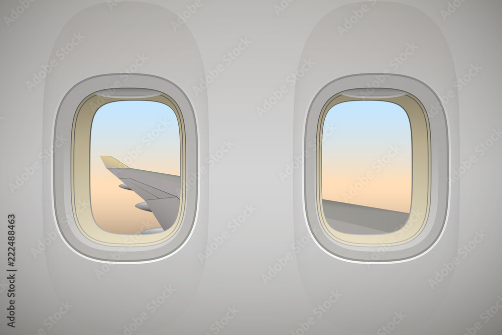 Airplane window, aircraft window with wing, vector background Stock ...