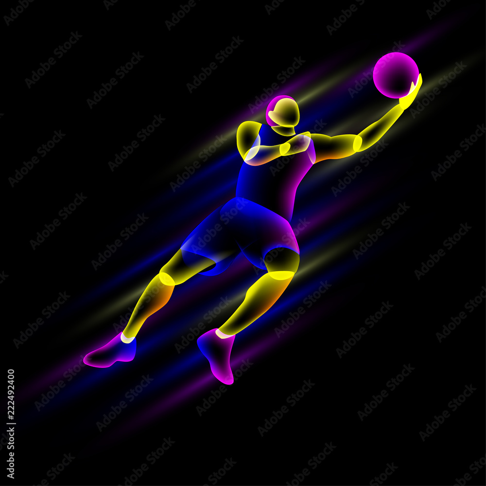 Basketball player in a jump. Abstract neon transparent overlay layers ...
