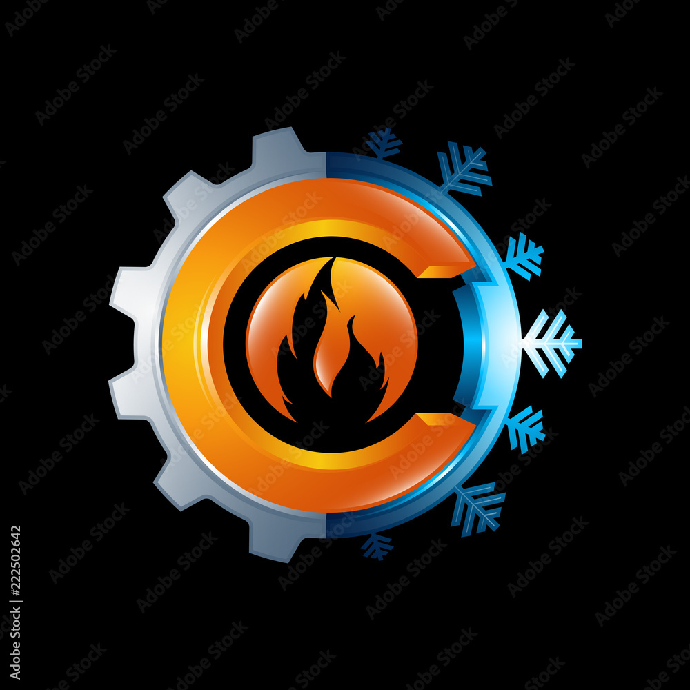 Vector logo concept illustration. Gear and fire flame sign illustration ...