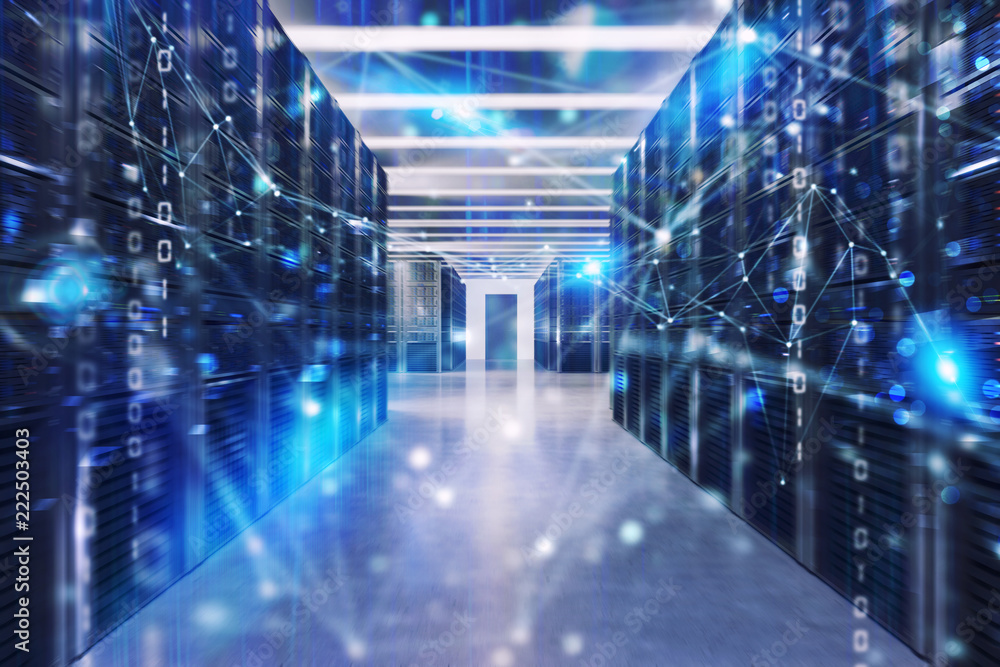 Server farm with network connection effects and codes Stock Photo ...