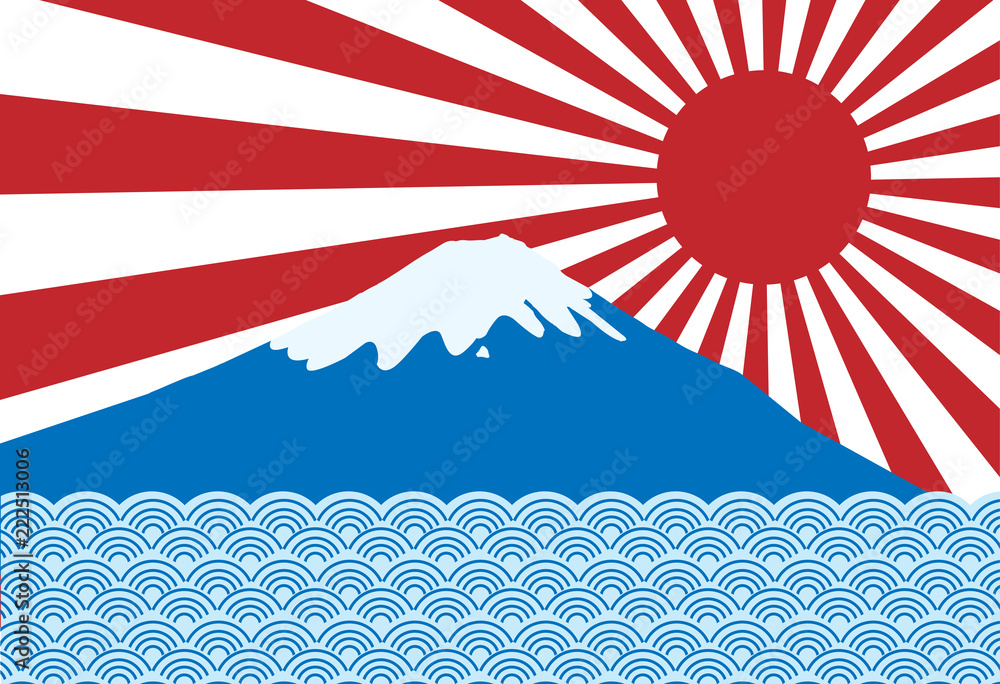 vector of red sun ray of japan rising sun with fuji san and blue wave ...