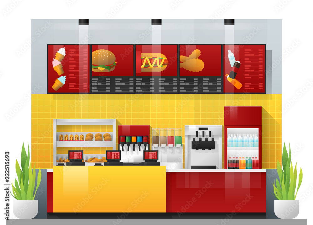 Interior scene of modern fast food restaurant , vector , illustration ...