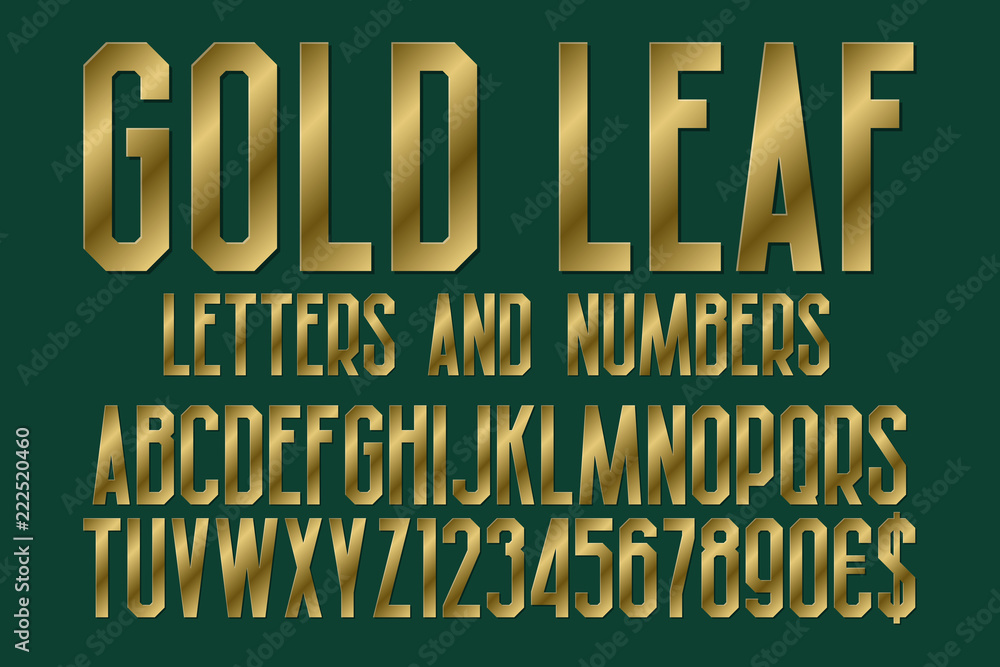 Gold leaf font of letters, numbers with currency signs of dollar and ...