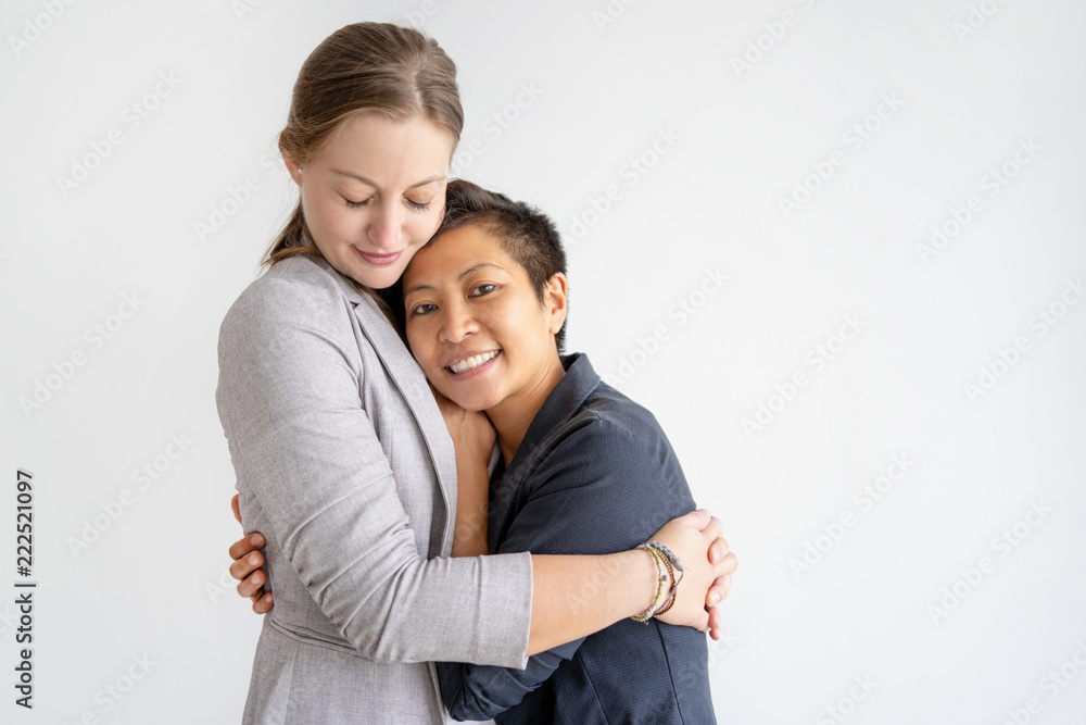 Smiling Multi Ethnic Lesbian Couple Hugging Homosexual Women Lesbian
