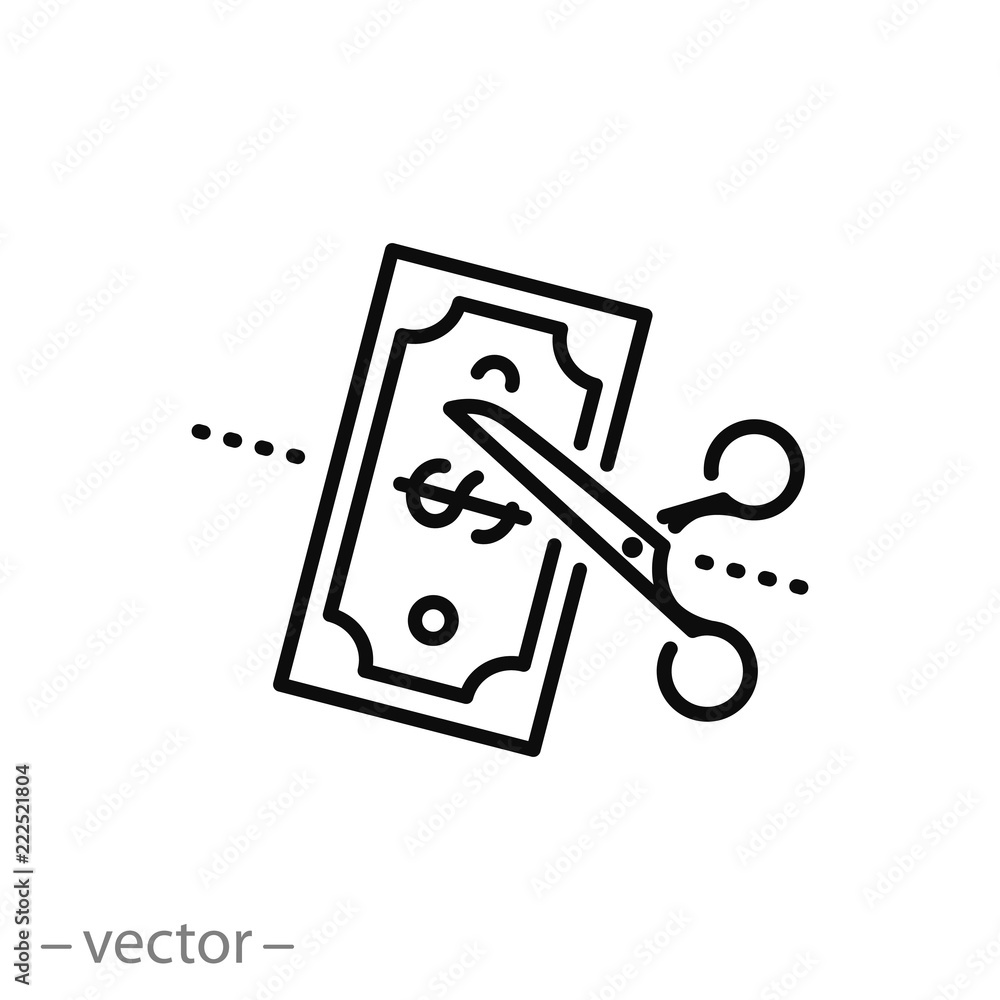 cutting money icon, scissors cutting dollar banknote linear sign ...