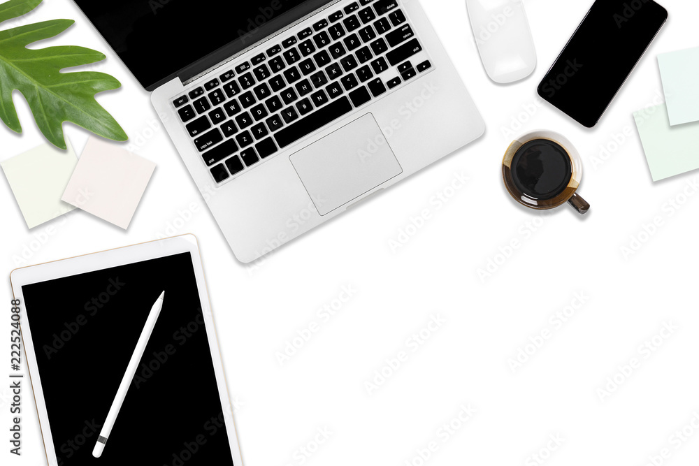 Flat lay photo of office table with laptop computer, digital tablet ...