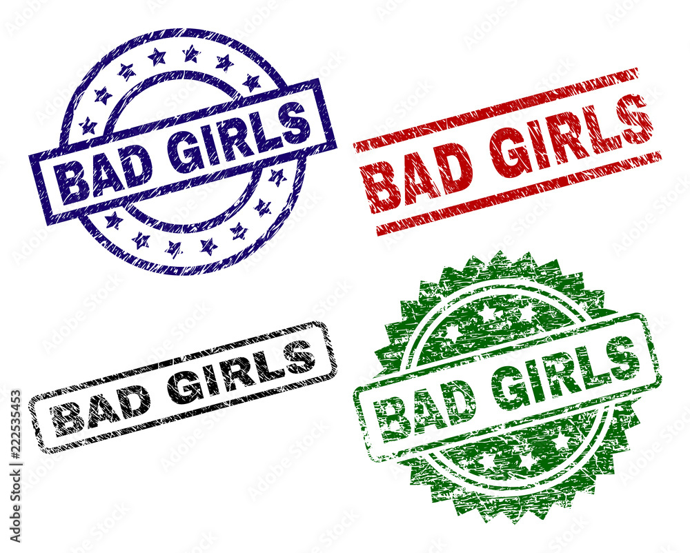 BAD GIRLS seal prints with damaged surface. Black, green,red,blue ...