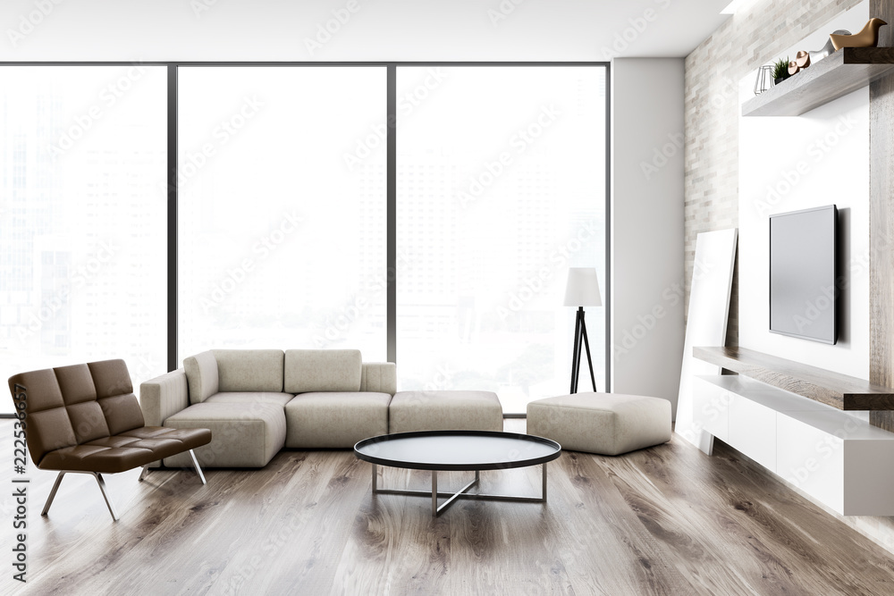 Loft modern living room interior, tv set Stock Illustration | Adobe Stock
