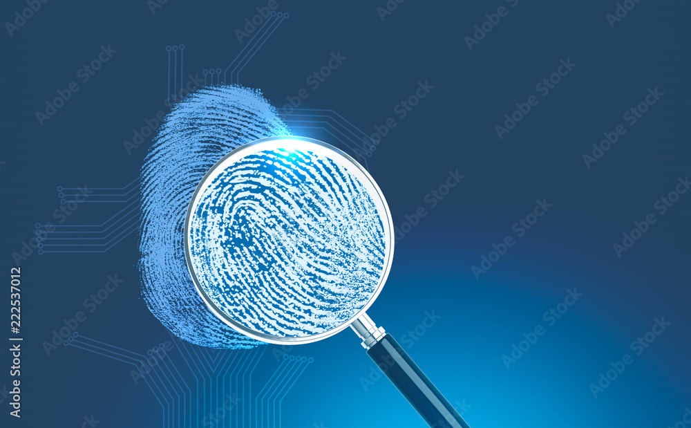 Magnifying glass over fingerprint circuit Stock Photo | Adobe Stock