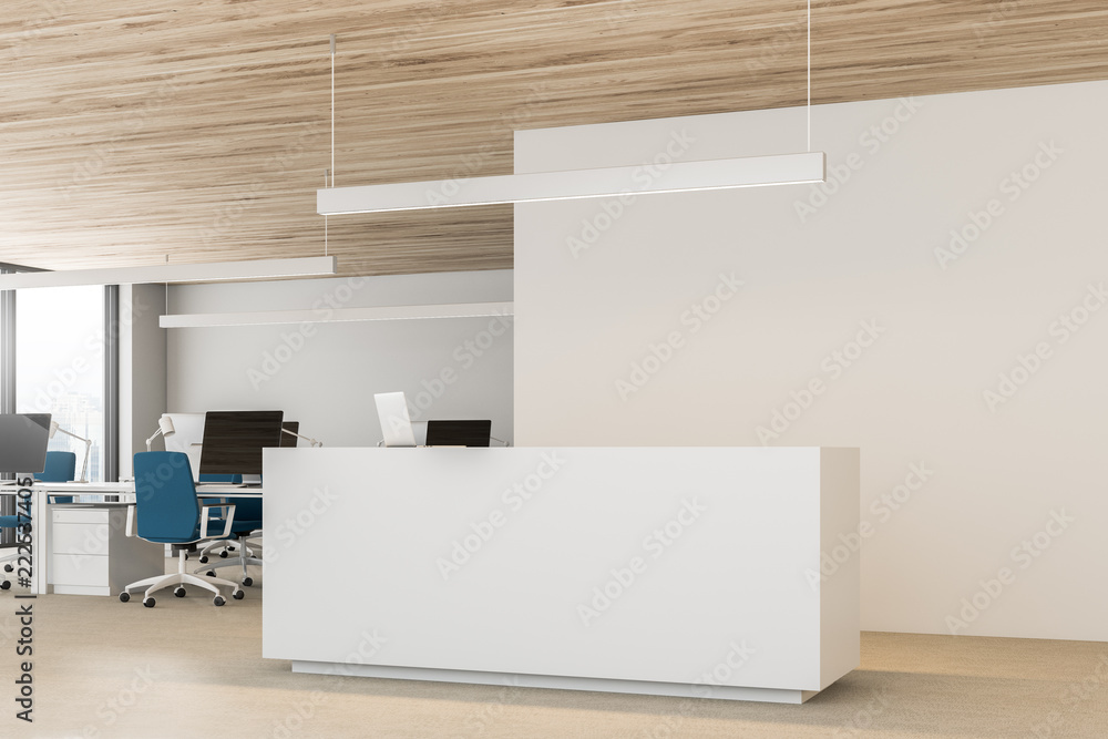 Wood ceiling office interior with reception desk Stock Photo | Adobe Stock
