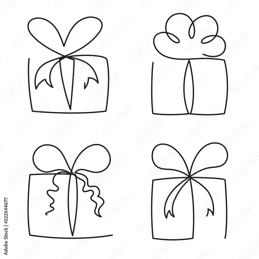 Gift box continuous line vector illustration set - various hand drawn ...