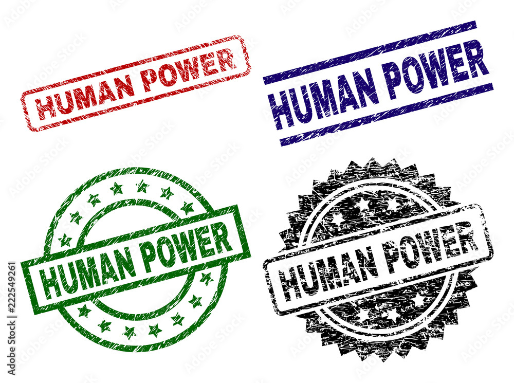 HUMAN POWER seal imprints with corroded style. Black, green,red,blue ...