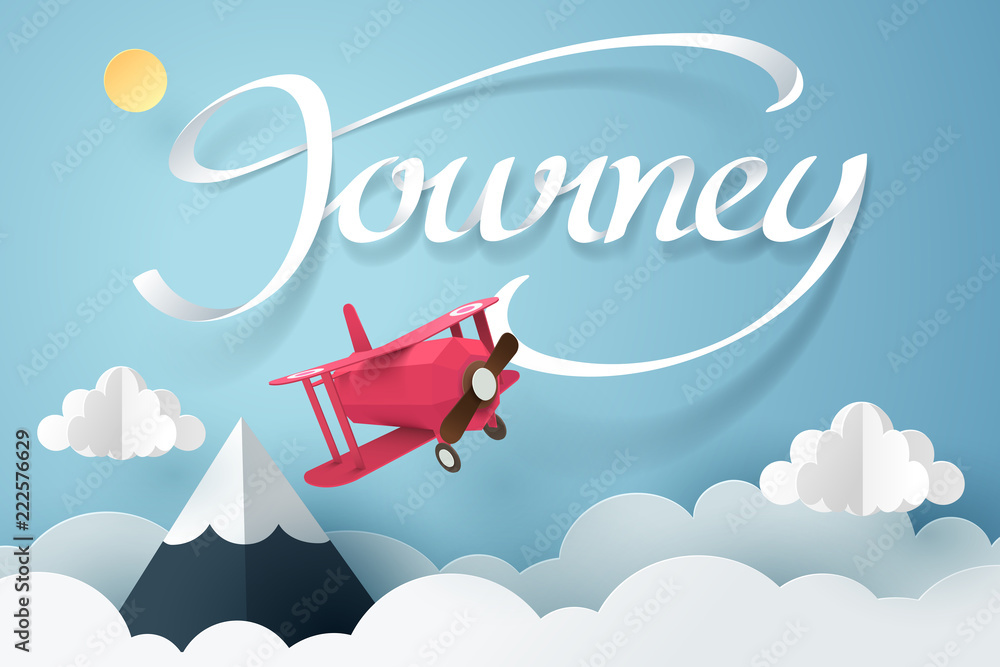 Paper art of red airplane and journey calligraphy lettering, origami ...