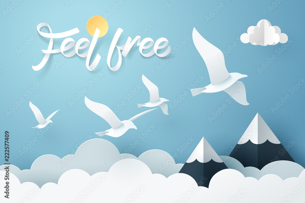 Paper art of Feel free calligraphy hand lettering and flying dove Stock ...