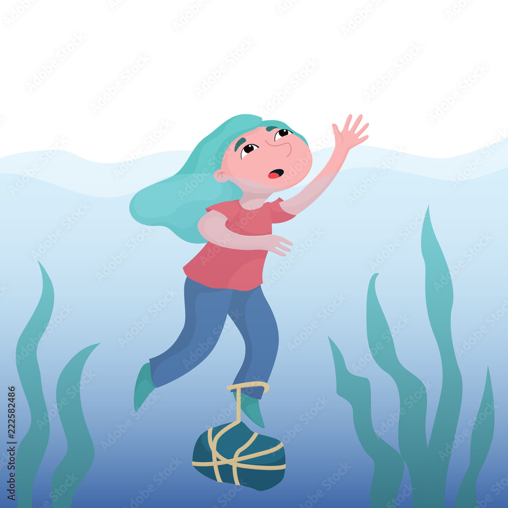 Scared girl, woman drowning in deep water with heavy rock tied to foot ...