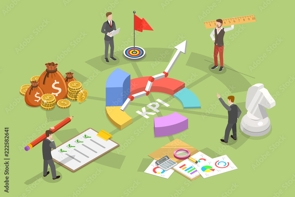 Key performance indicator flat isometric vector concept. Renders major ...