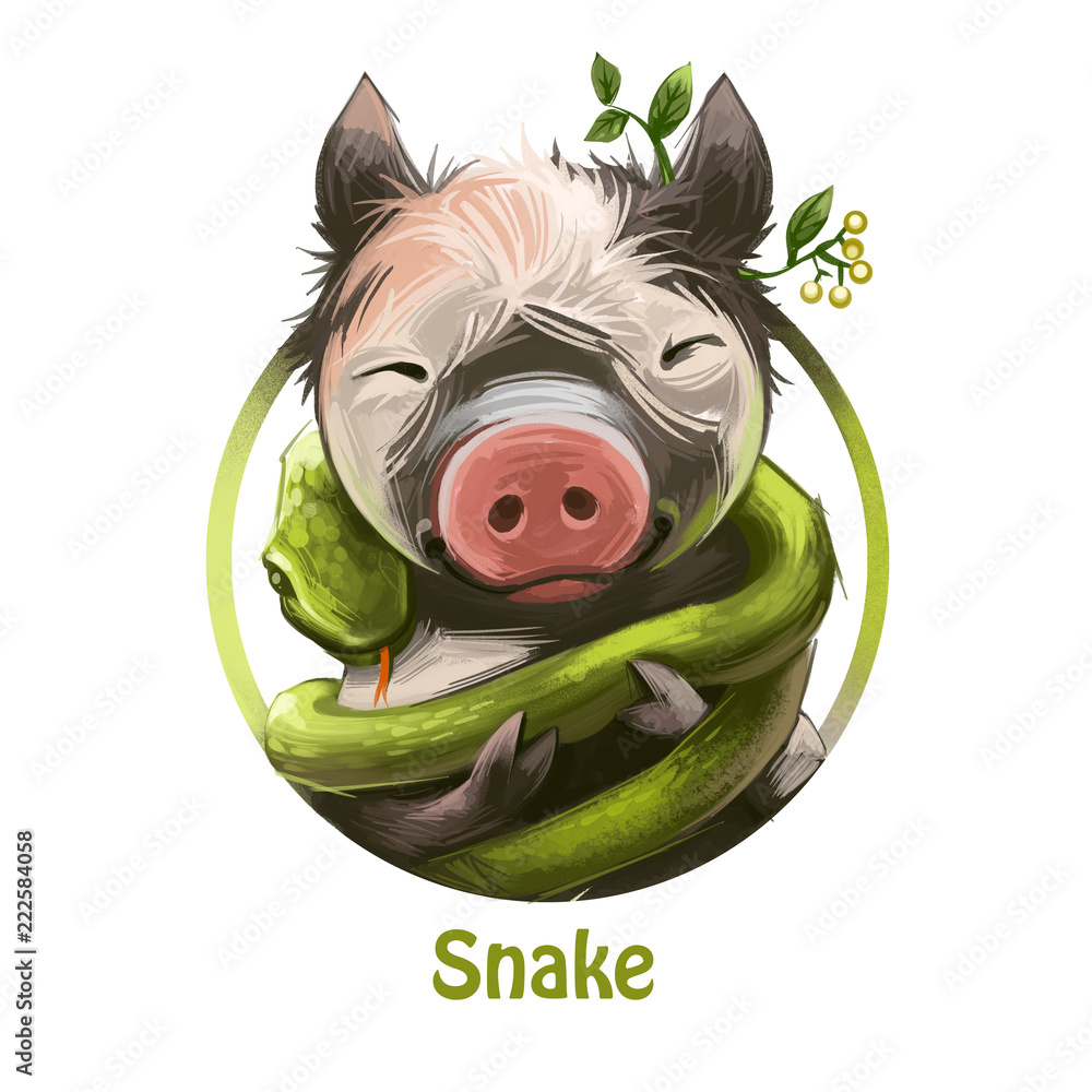 Snake curling around smiling piglet with plant and leaves by ears ...