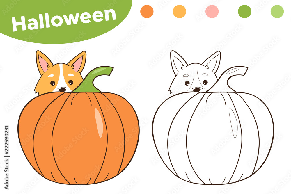 Halloween coloring page for children. Cute cartoon Welsh Corgi dog with ...