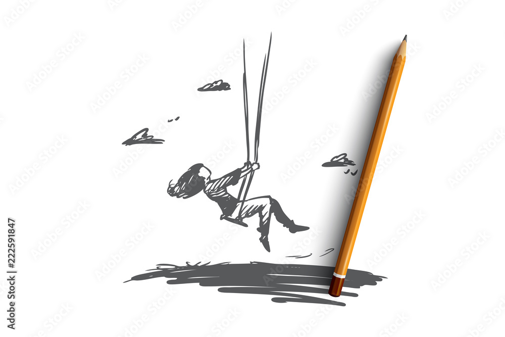 Girl, swing, childhood, fun, play concept. Hand drawn isolated vector ...